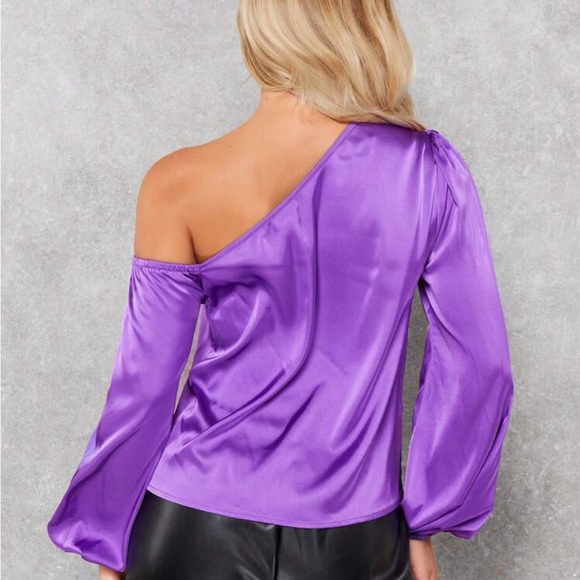 Tops Luxe Satin Asymmetrical Neck Off One Shoulder Long Sleeve Satin